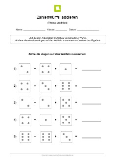 Arbeitsblatt Zahlenwürfel addieren