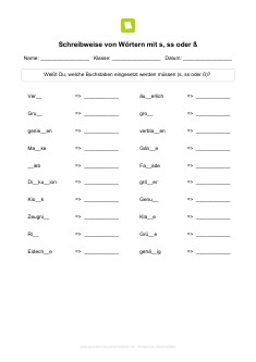 Arbeitsblatt: Schreibweise Wörter mit s, ss oder ß