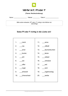 Arbeitsblatt: Wörter mit Pf oder F